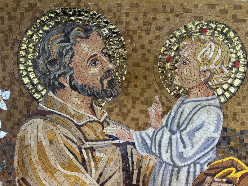 Handmade mosaic of St. Joseph holding Baby Jesus - AllFromJordan
